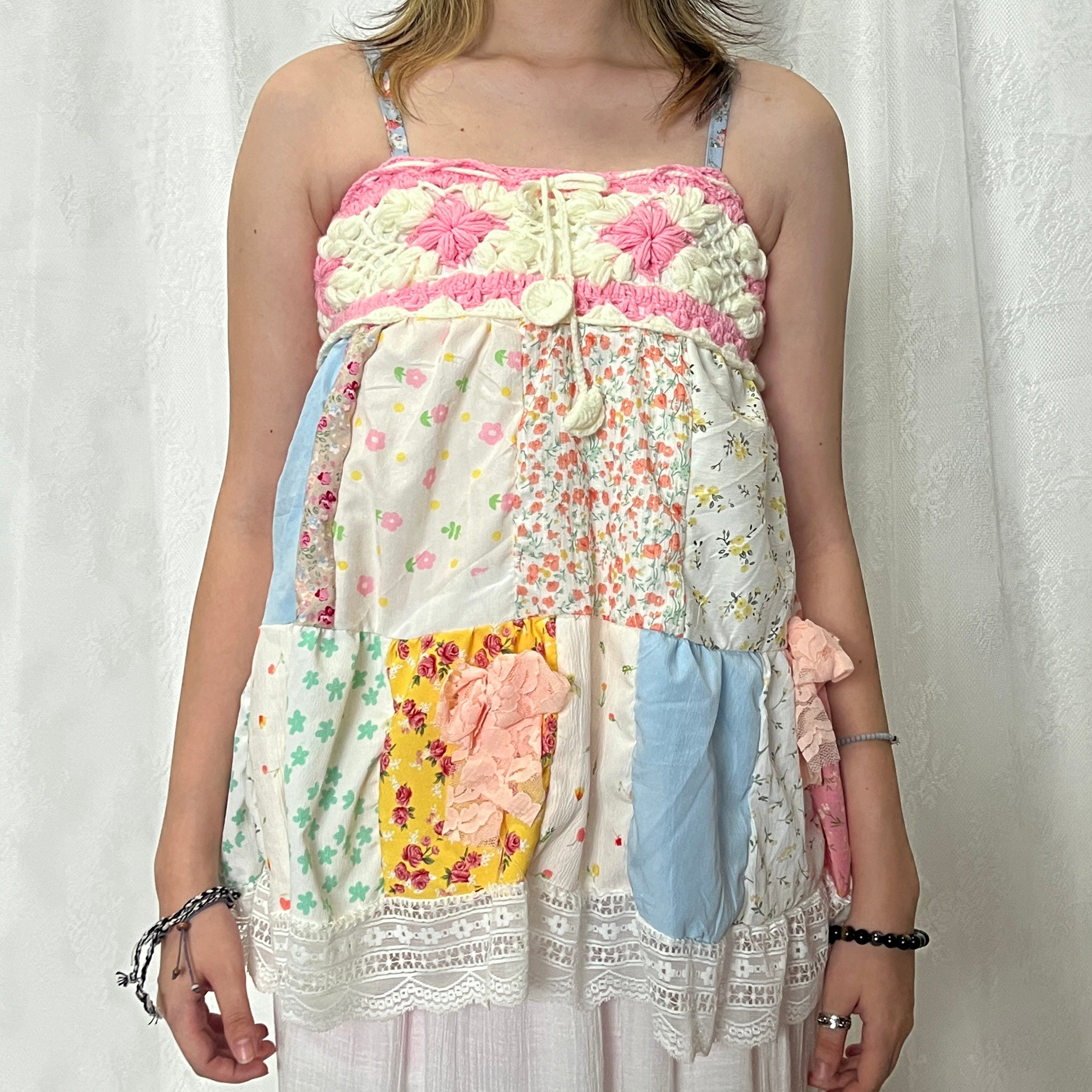 Pink Crochet Yellow Cherry Patchwork Cami Top – re.drmg