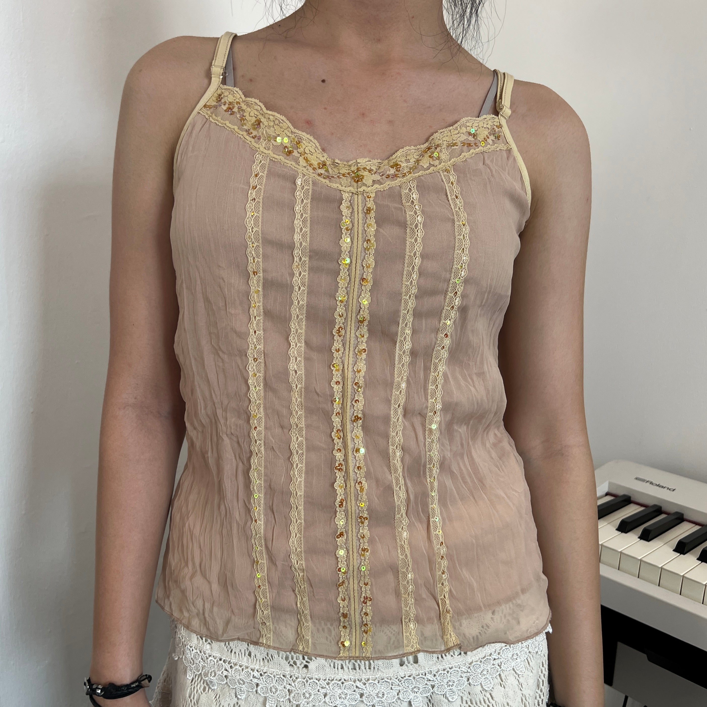 Beige Lace Sequin Cottagecore Cami Top – re.drmg